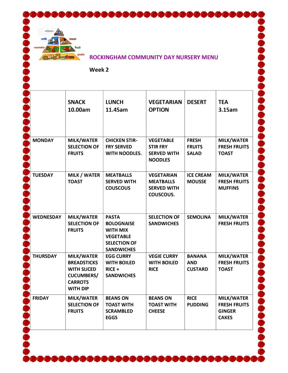 Nursery Menu - Rockingham Community Day Nursery